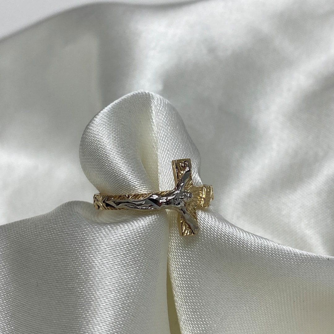 14K Two Tone Gold Sideways Cross Jesus Crucifix Ring, Religious ...