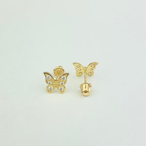 14K Gold CZ Stone Butterfly Stud Screw Back Earrings - Etsy