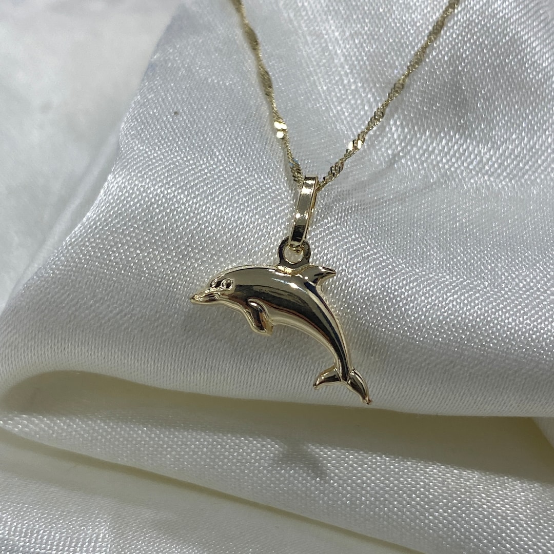 Real 14K Gold Dolphin Necklace, Dainty Dolphin Charm Pendant With 0.9mm ...