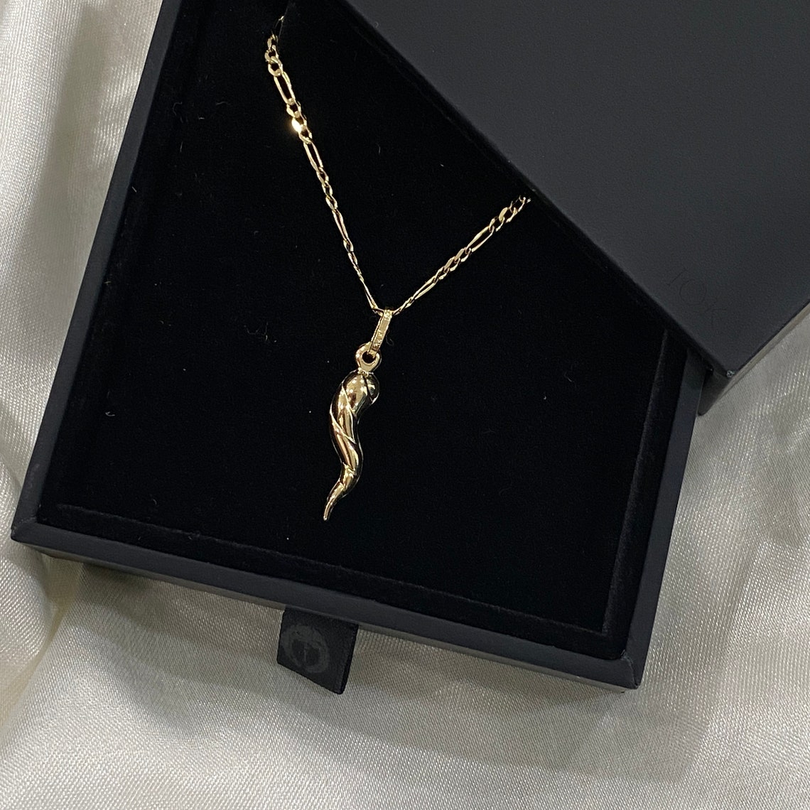 14K Yellow Gold Cornicello Chili Italian Horn Charm Pendant With 2mm ...