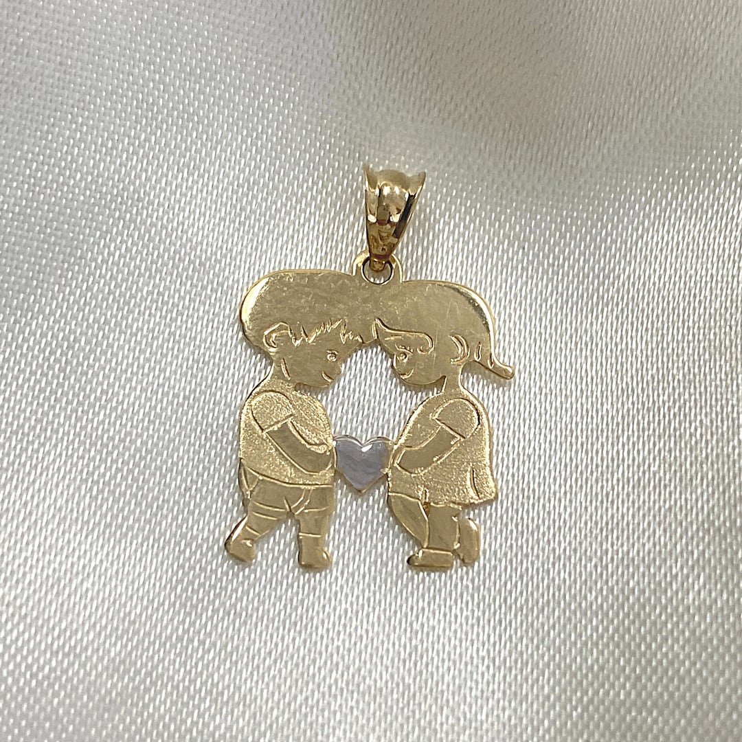 14K Real Yellow Gold Two Tone Kids Boy and Girl Heart Charm Small ...