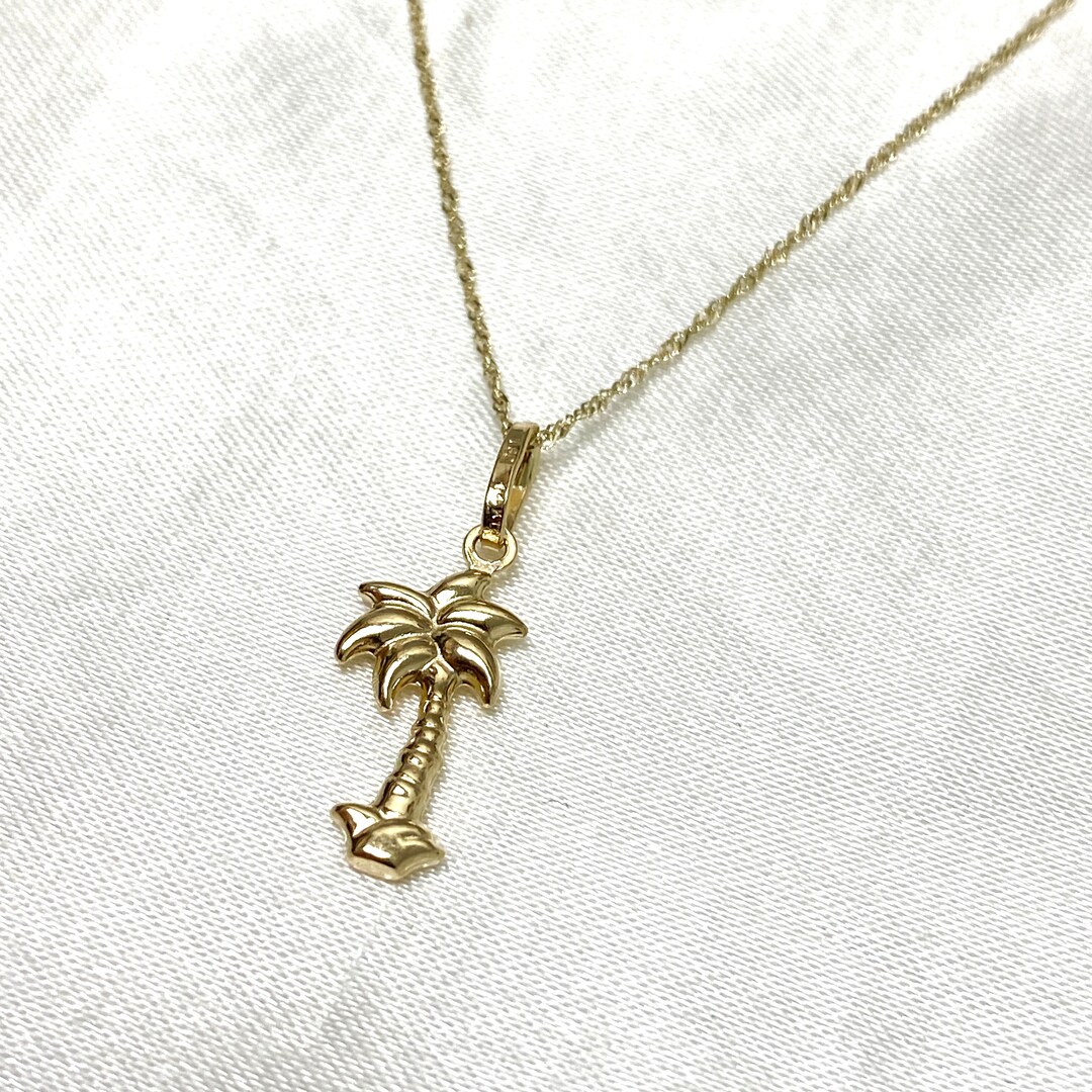 14K Solid Yellow Gold Palm Tree Pendant With Singapore Chain Necklace ...