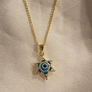 14K Yellow Gold Evil Eye Star Charm Pendant With 1.2mm Flat Open Wheat ...