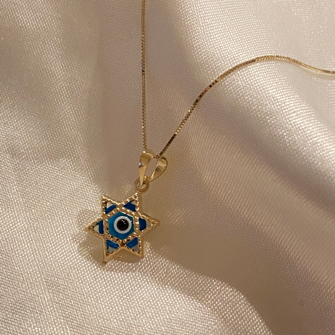 14K Yellow Gold Evil Eye Star Charm Pendant With 1.2mm Flat Open Wheat ...