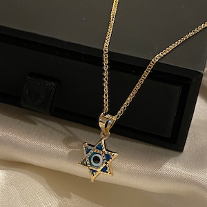 14K Yellow Gold Evil Eye Star Charm Pendant With 1.2mm Flat Open Wheat ...