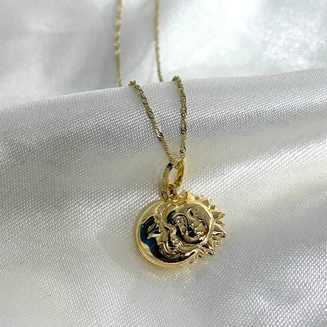 14K Real Yellow Gold Sun & Moon Charm Pendant With 0.9MM Singapore ...