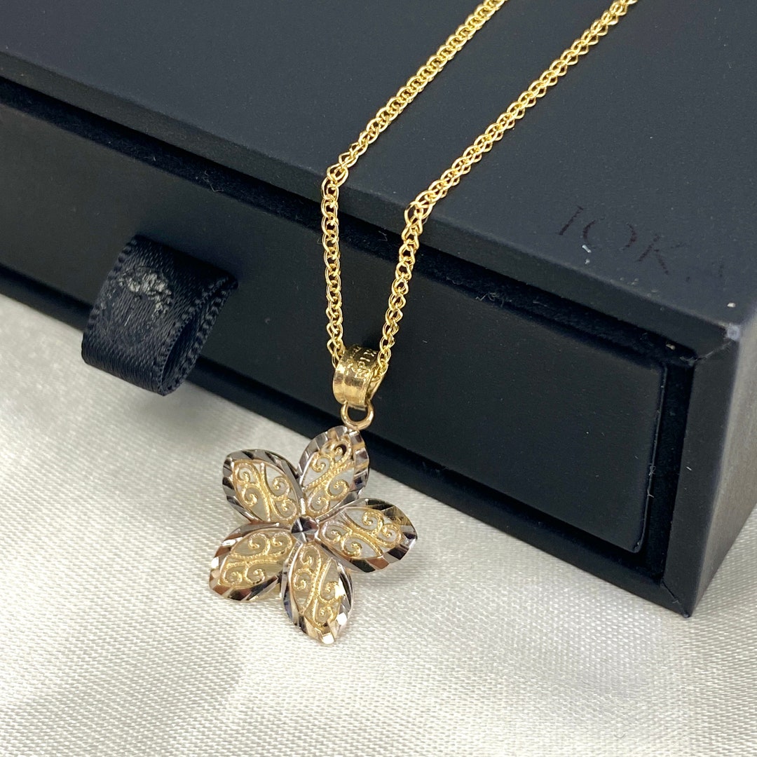 14K Two Tone Gold Star Flower Pendant With 1.2MM Flat Open Wheat Chain ...