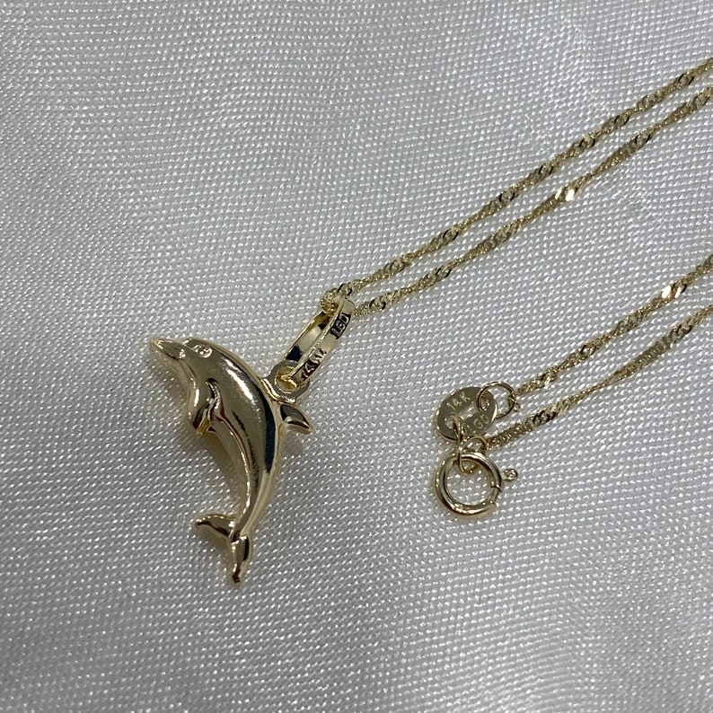 Real 14K Gold Dolphin Necklace, Dainty Dolphin Charm Pendant With 0.9mm ...