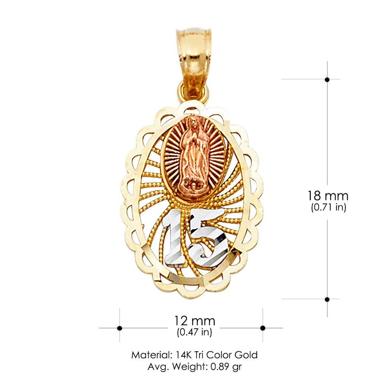 14K Gold Quinceanera Virgin Mary Round Pendant With 1.5mm Valentino ...