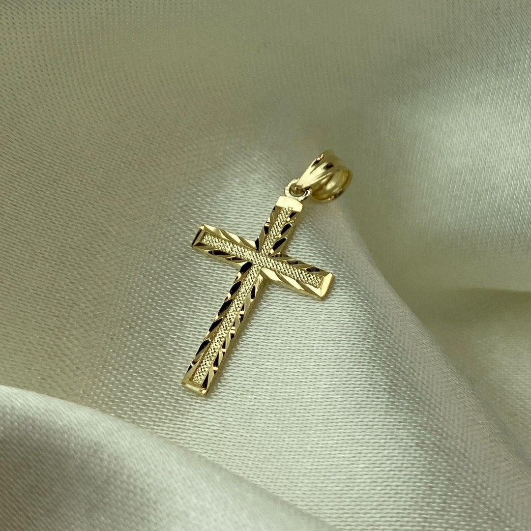 14K Real Yellow Gold Cross Religious Charm Thin Pendant for Necklace or ...