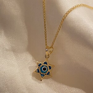 14K Yellow Gold Evil Eye Star Charm Pendant With 1.2mm Flat Open Wheat ...