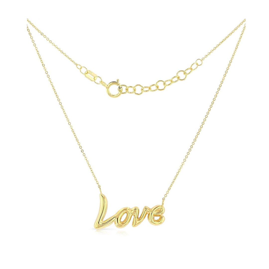 14K Real Yellow Gold Cursive Love Necklace - 17+1"in, Love Necklace ...