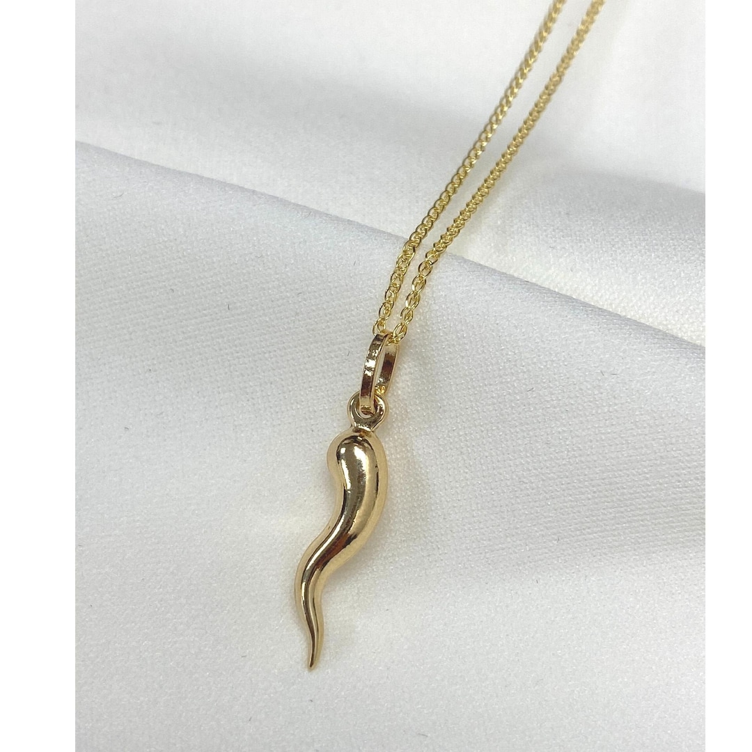 Real 14K Yellow Gold Cornicello Italian Horn Fortune Charm Pendant With ...