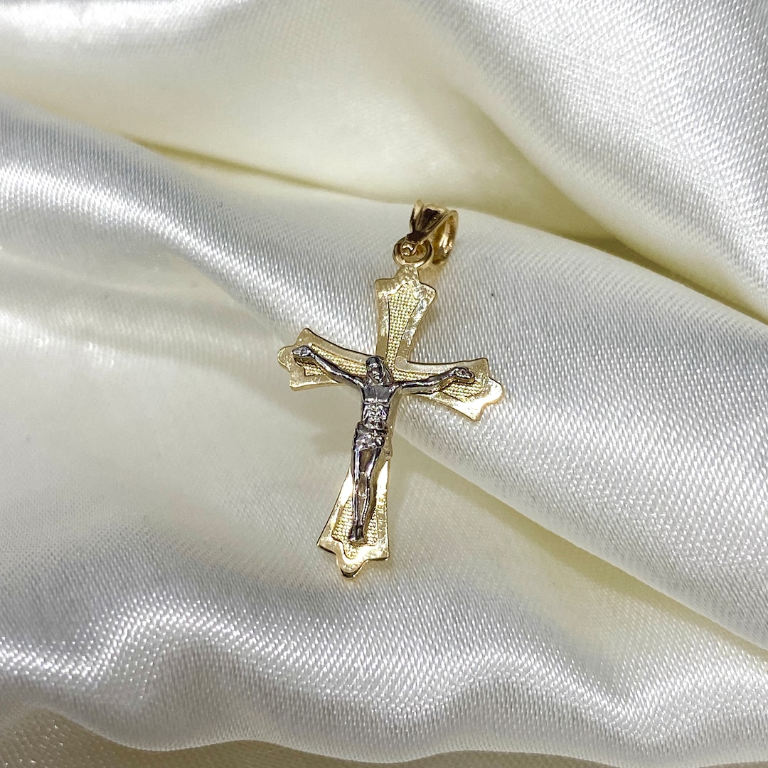 14K Two Tone Gold Jesus Crucifix Cross Religious Pendant, Solid Gold ...