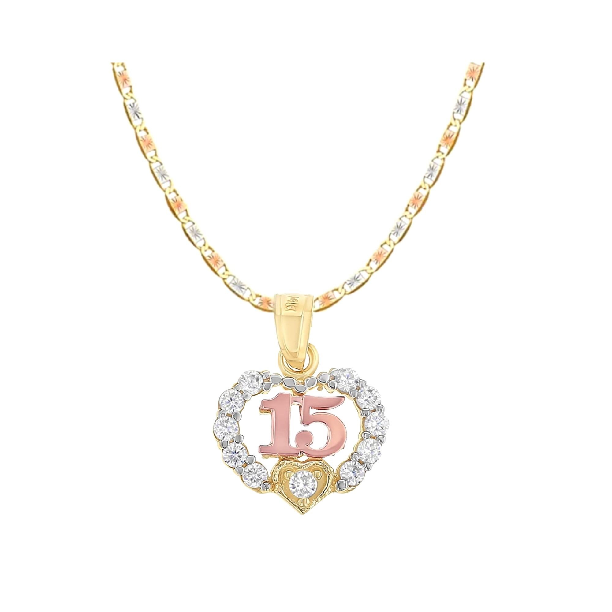 14K Two Tone Gold Sweet 15 Years Quinceanera Heart Cubic Zirconia CZ ...