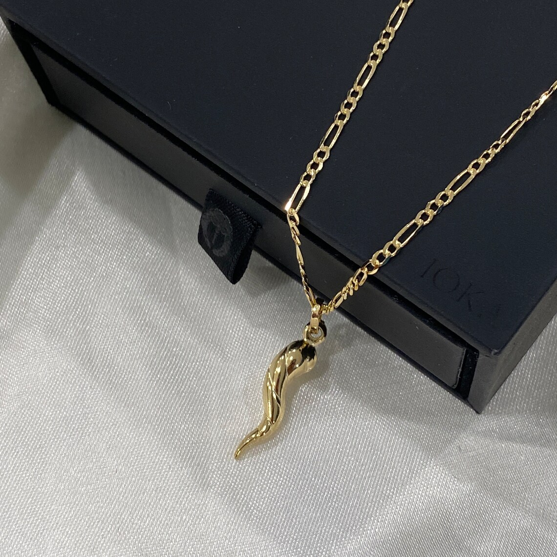 14K Yellow Gold Cornicello Chili Italian Horn Charm Pendant With 2mm ...