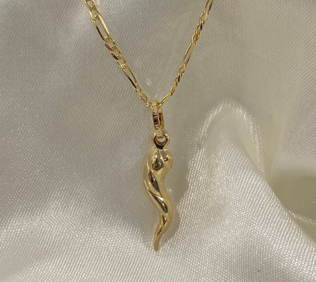 14K Yellow Gold Cornicello Chili Italian Horn Charm Pendant With 2mm ...