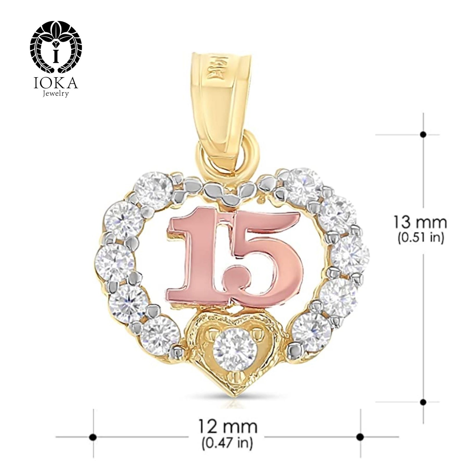 14K Two Tone Gold Sweet 15 Years Quinceanera Heart Cubic Zirconia CZ ...