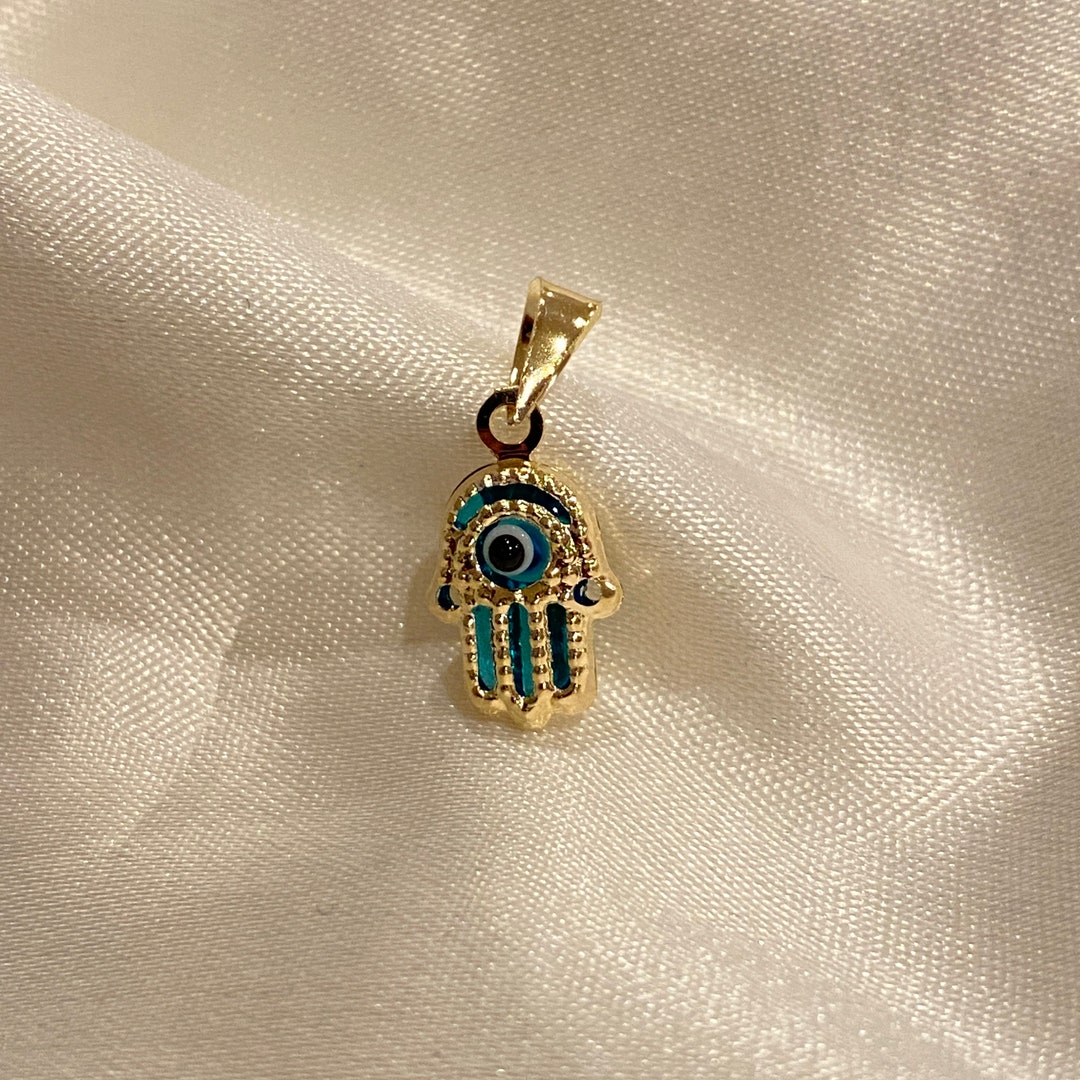 14K Yellow Gold Evil Eye Hamsa Charm Pendant, Protective Necklace, Hand ...