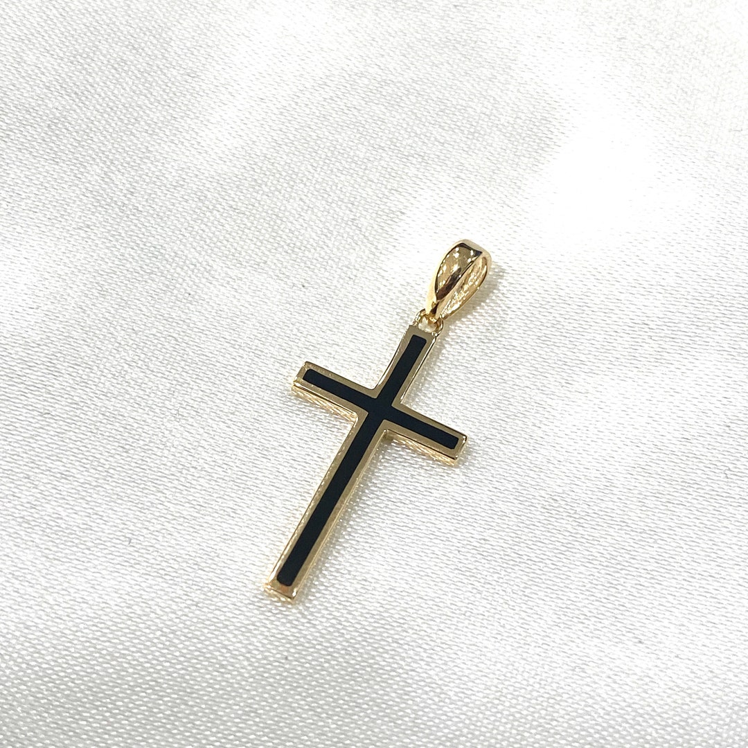 14K Yellow Gold Religious Cross With Black Enamel Charm Pendant - Etsy
