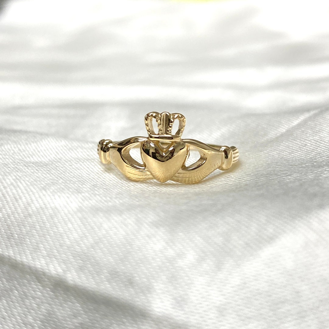 14K Solid Yellow Gold Irish Claddagh Heart Ring, Dainty Heart Vintage ...