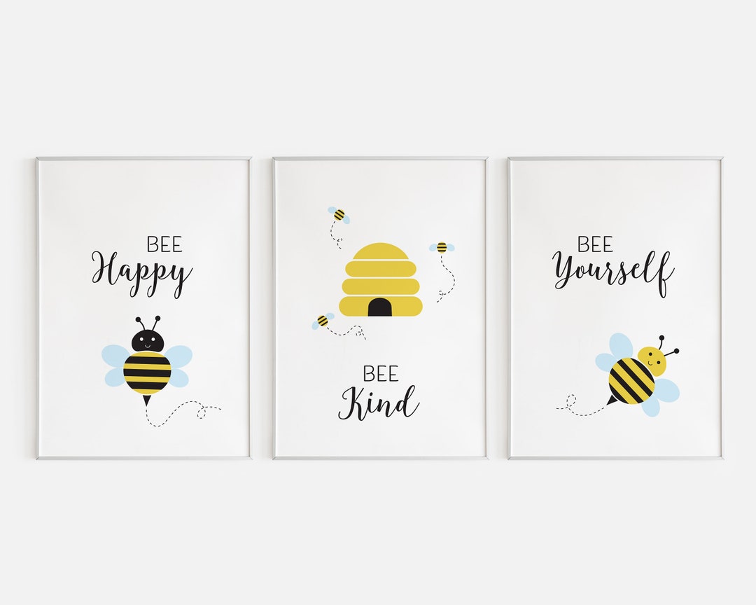 Bee Nursery Art (set of 3) - PRINTABLE Nursery Wall Art, Bee Happy Wall ...