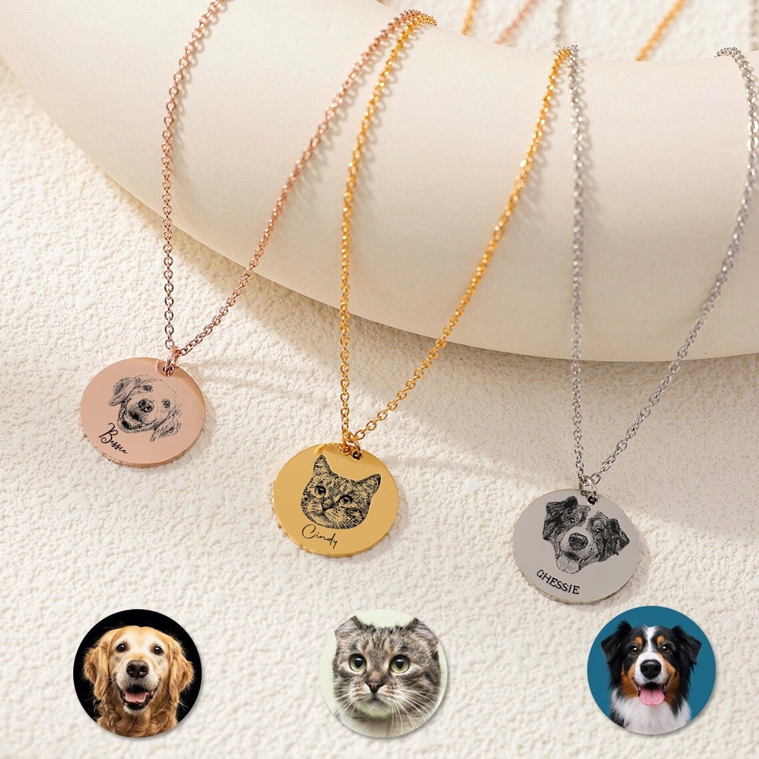 Pet Portrait Necklace, Portrait With Name Pendant, Memorial Keepsake ...