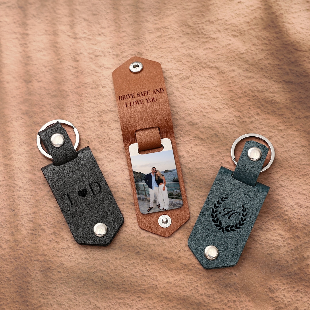 Personalized Mens Keychain With Photo, Fathers Day, Custom Text Leather Keyring, Leather Photo ...