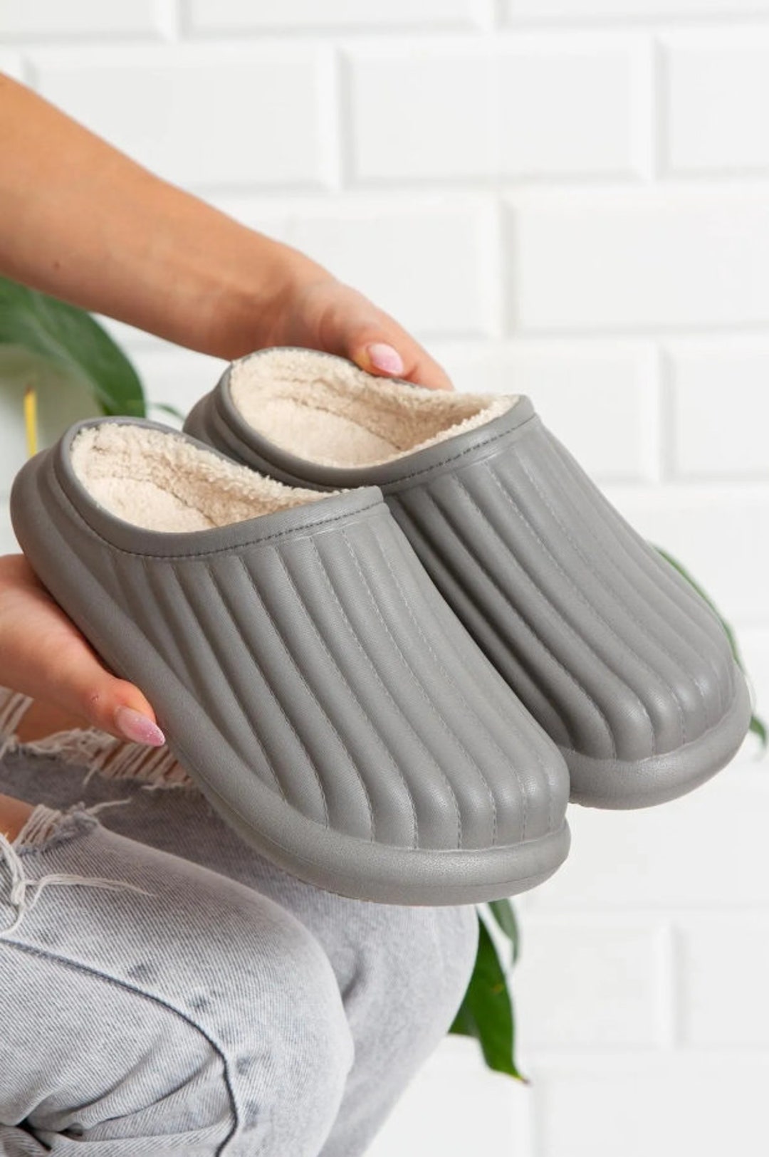 Ribbed Furry Inside Home Slippers Colorful Striped Rubber and Fur ...