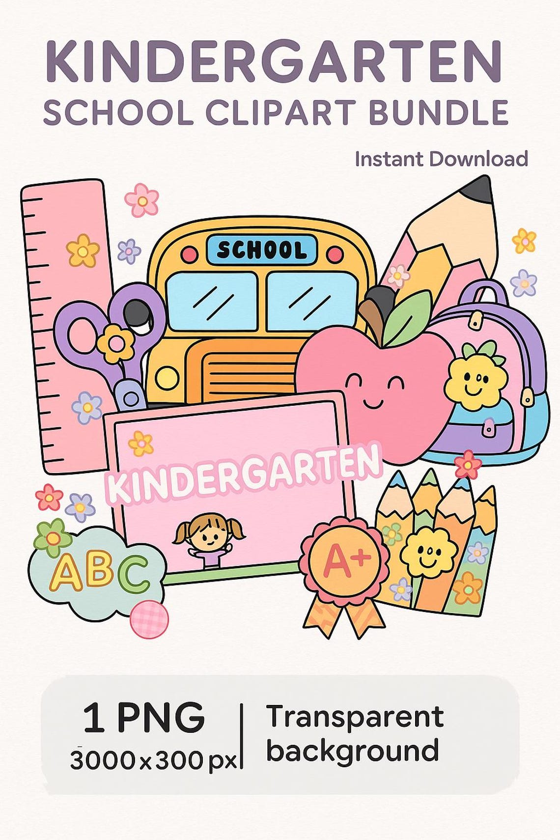 Kindergarten School Clipart Bundle | Cute Back to School PNG ...