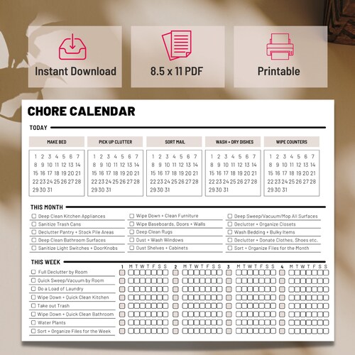 Chore Calendar Chore Chart Printable Monthly Chore Planner - Etsy