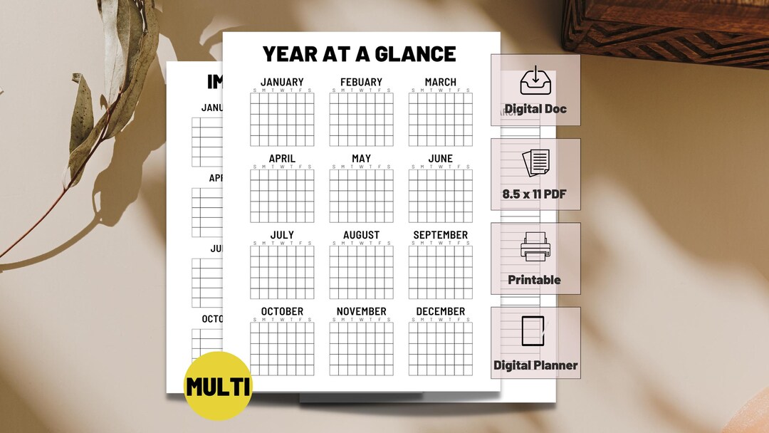 Year at a Glance Printable | Any Year Calendar Planner | 12-month ...