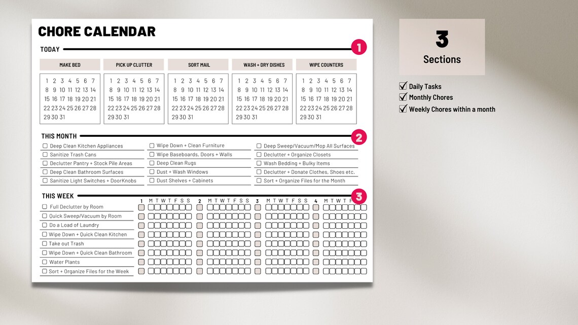 Chore Calendar Chore Chart Printable Monthly Chore Planner - Etsy