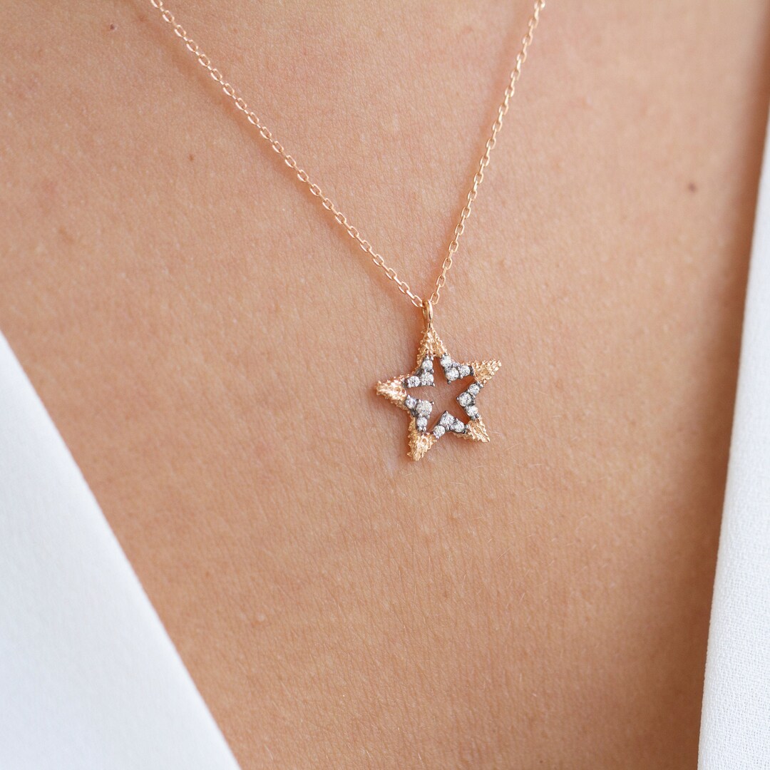 14k Solid Gold Star Necklace, 14k Real Gold Star Pendant Necklace ...
