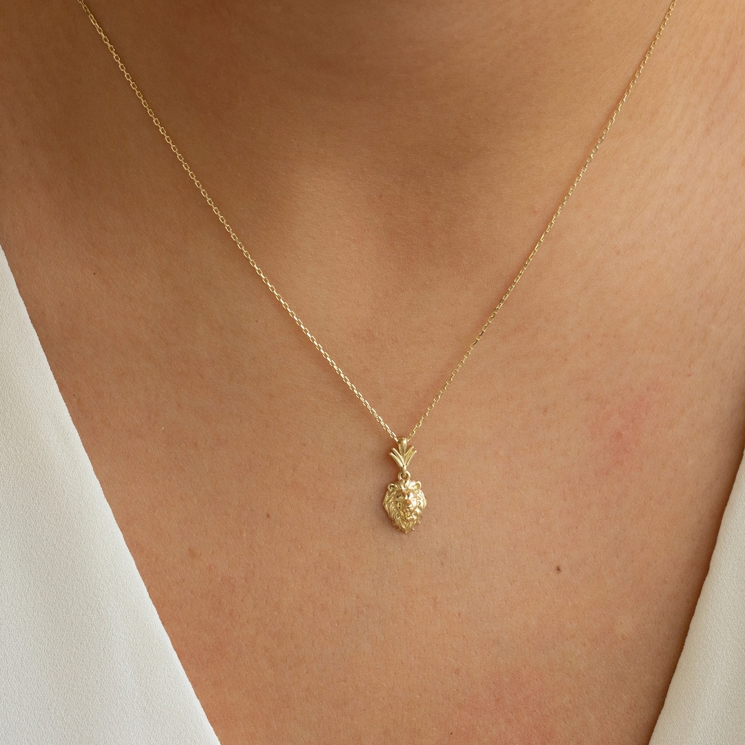 Gold Lion Necklace, 14k Gold Lion Pendant, Yellow Gold Lion Charm, Rose ...
