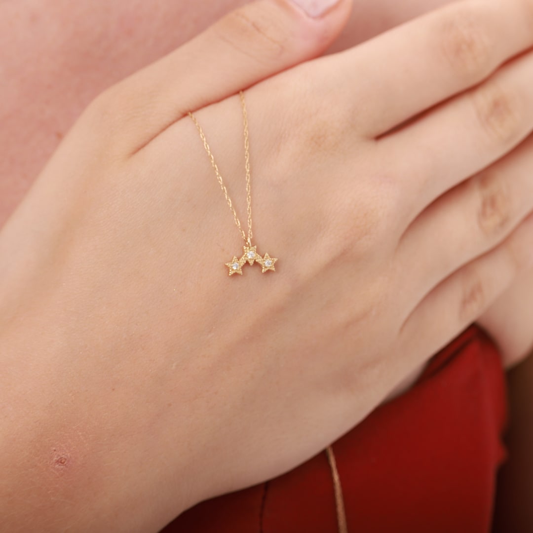 14K Solid Gold Three Star Necklace, Dainty Star Necklace, Gold Star ...