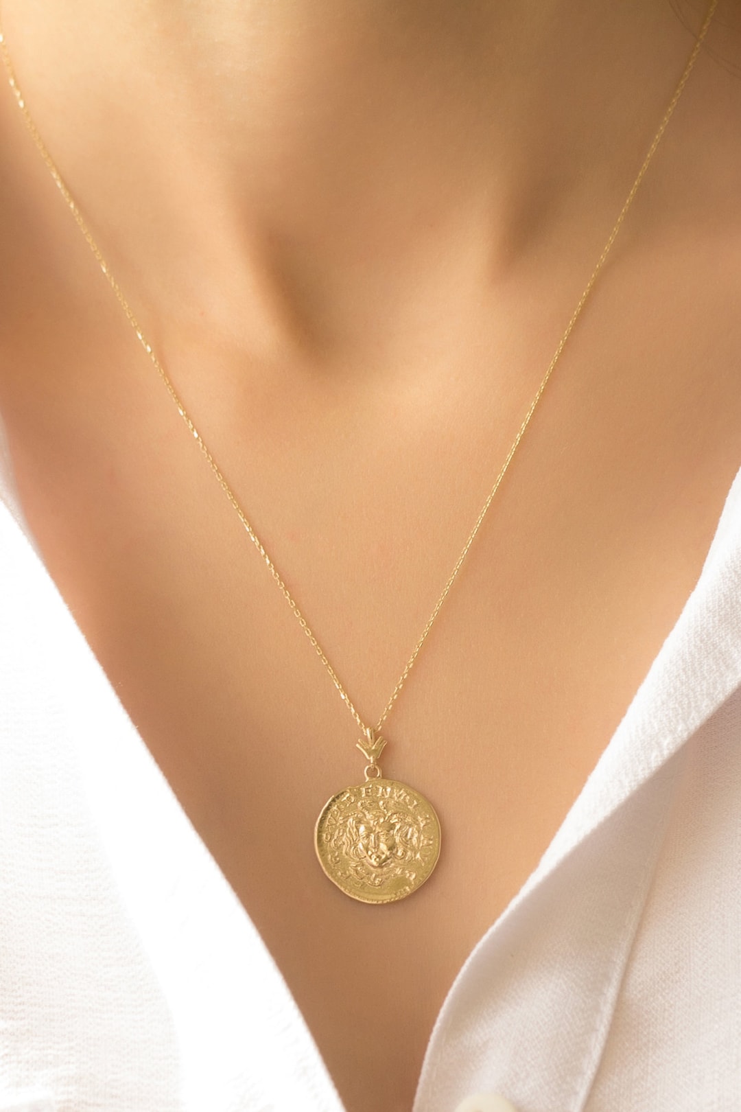 14K Gold Goddess Coin Necklace, Ancient Gold Disc Necklace, Goddess ...