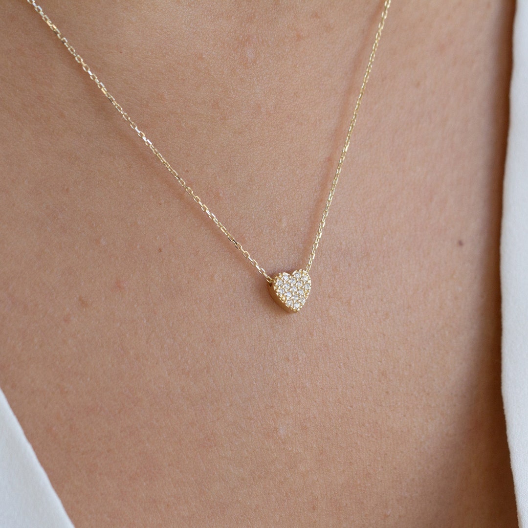 14k Solid Gold Tiny Heart Necklace, Sliding Dainty Heart Charm Necklace ...