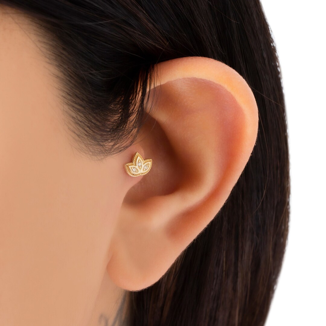 Lotus Yellow Gold Stud Earrings, Lotus Tunnels Piercing, Cartilage ...