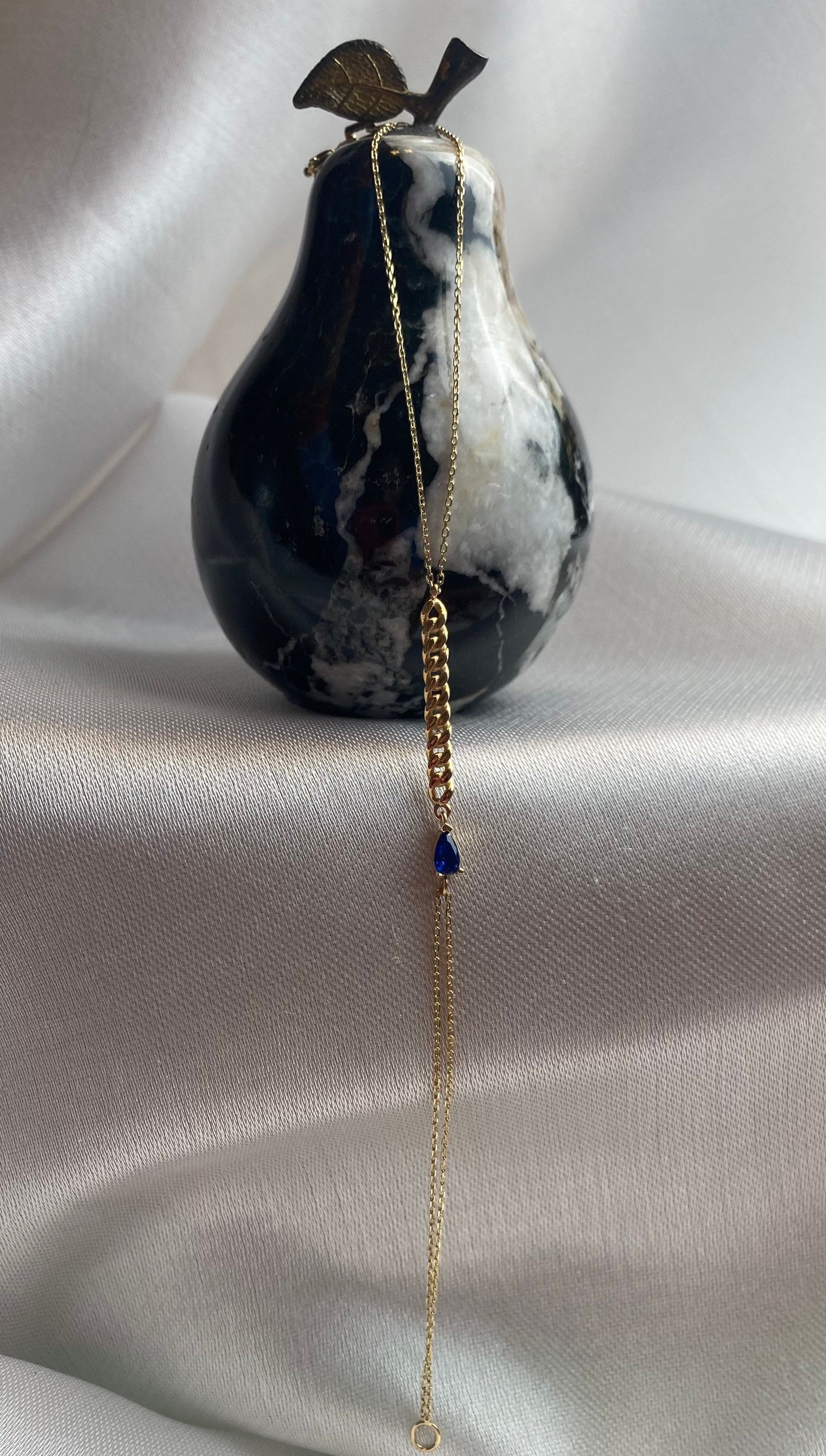 14k Yellow Gold Blue Stone Chain Bracelet 14K Solid Gold - Etsy