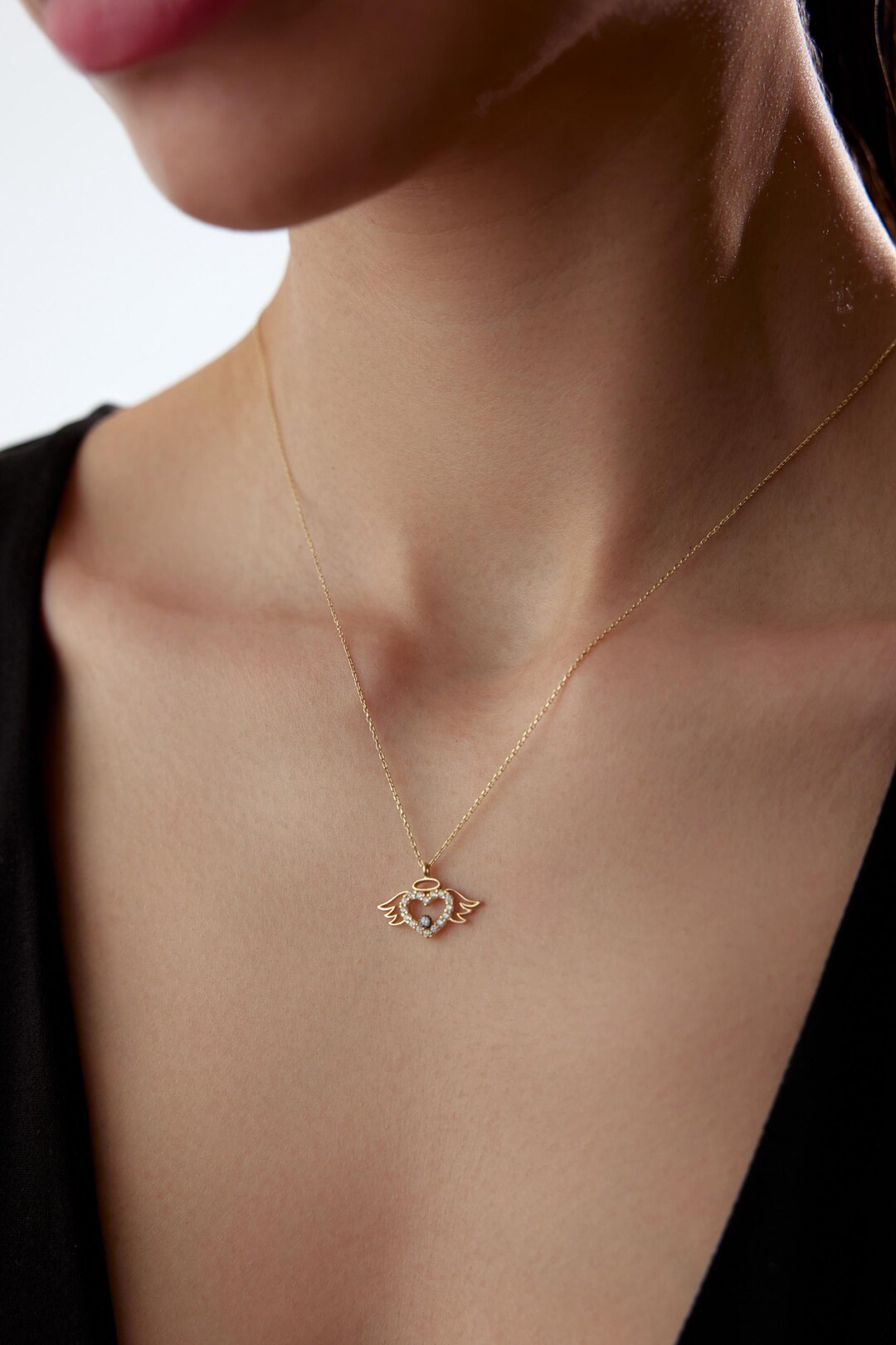 14K Gold Angel Heart Necklace, Gold Heart Pendant With Angel Wings ...