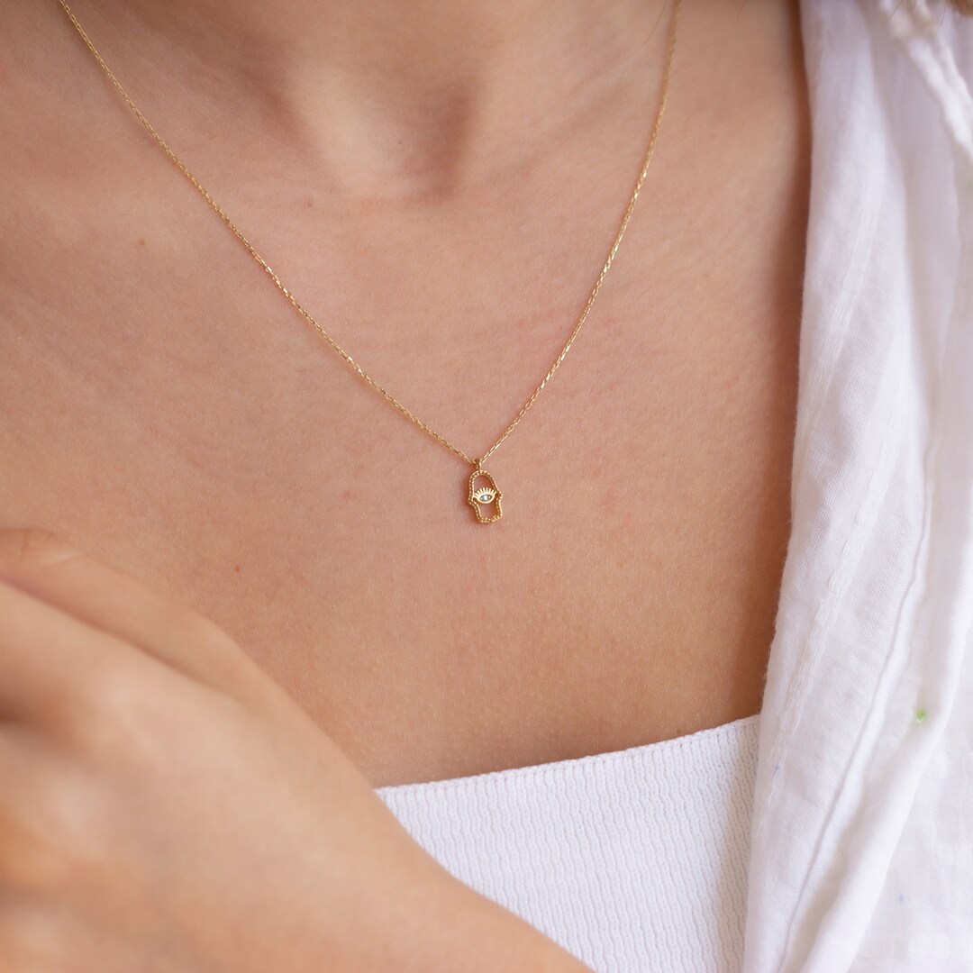 Hamsa Necklace, 14k Gold Tiny Hamsa Necklace, Hamsa Pendant Gold, Evil ...