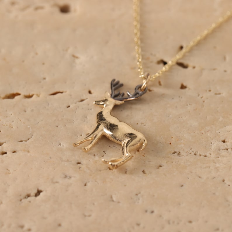 14K Gold Deer Necklace, Real Gold Chain Deer Necklace, Animal Lover ...