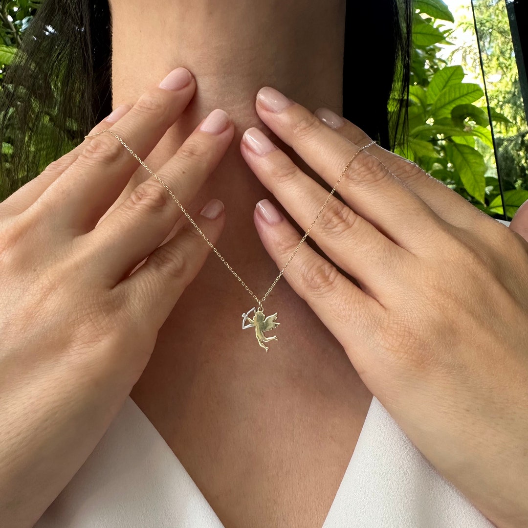 14K Solid Gold Angel Necklace, Dainty Gold Eros Pendant, Minimalist ...
