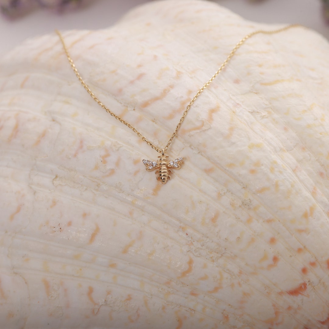 14k Solid Gold Bee Necklace, 14k Gold Bee Pendant, Gold Bee Charm ...
