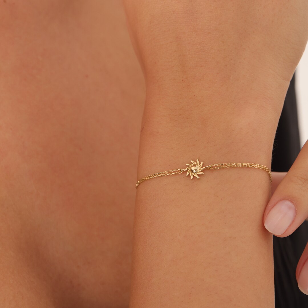 Gold Sun Bracelet, Sun Charm, Real Gold Sun Bracelet, Dainty Minimal Sun Bracelet, 14K Solid ...