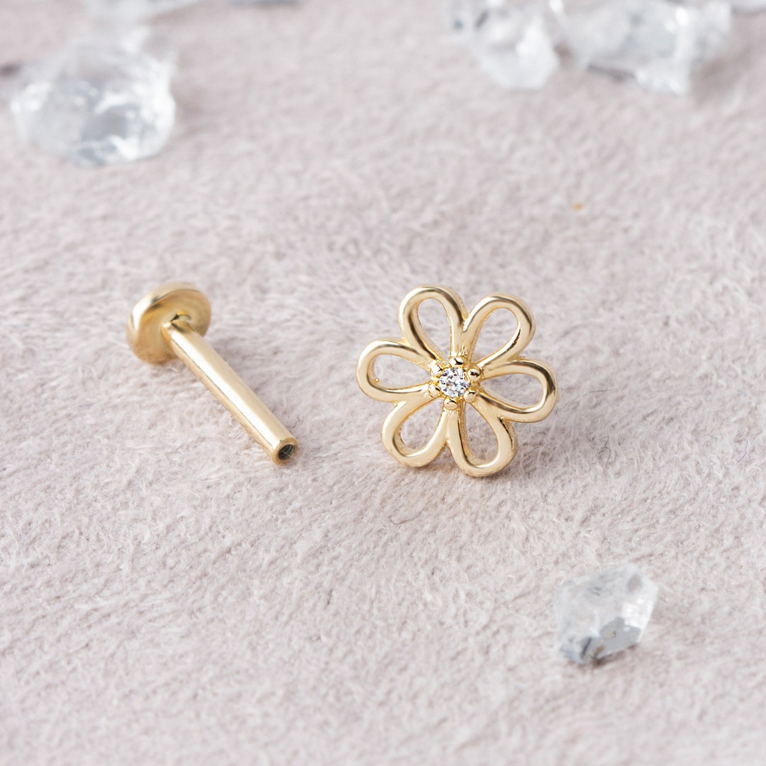 14k Gold Flower Piercing, Rook Piercing, Tragus Earring, Conch Piercing ...