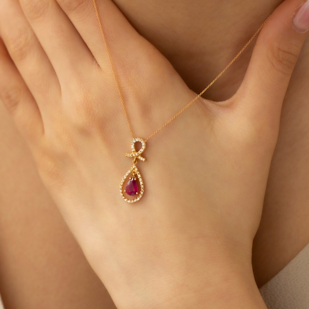 Diamond Ruby Drop Necklace, 14k July Birthstone Gift, Red Gemstone ...
