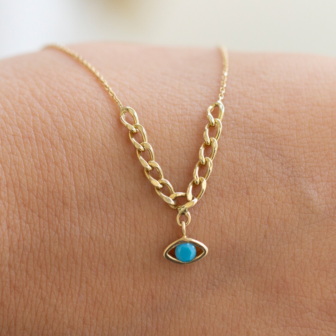 14K Gold Evil Eye Necklace, Evil Eye Pendant, Gemstone Necklace ...