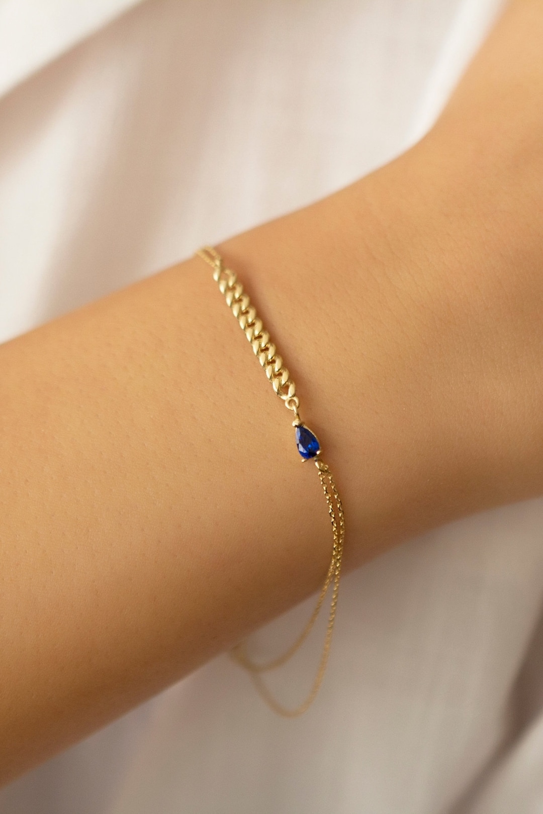 14k Yellow Gold Blue Stone Chain Bracelet, 14K Solid Gold Sapphire ...